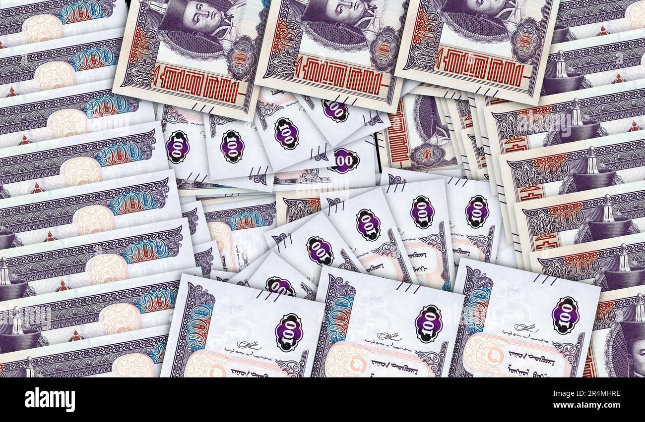 Mongolian Togrog banknotes in a cash fan mosaic pattern. Mongolia ...