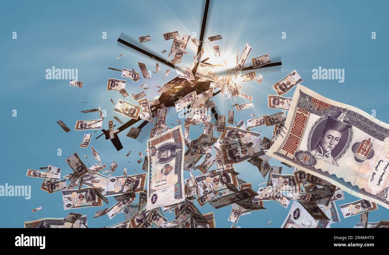 Mongolian Togrog banknotes helicopter money dropping. Mongolia Tugrik ...