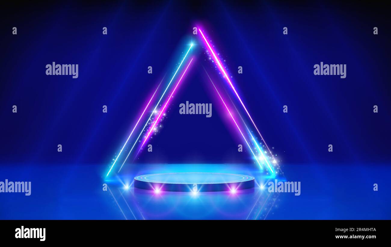 Neon triangular arch, podium, led arcade, stage light. Spotlight, lines ...