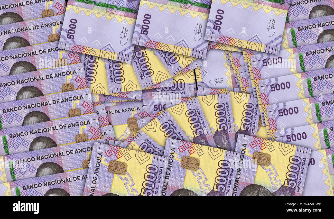 Angolan Kwanza banknotes in a cash fan mosaic pattern. Angola AOA 5000 ...