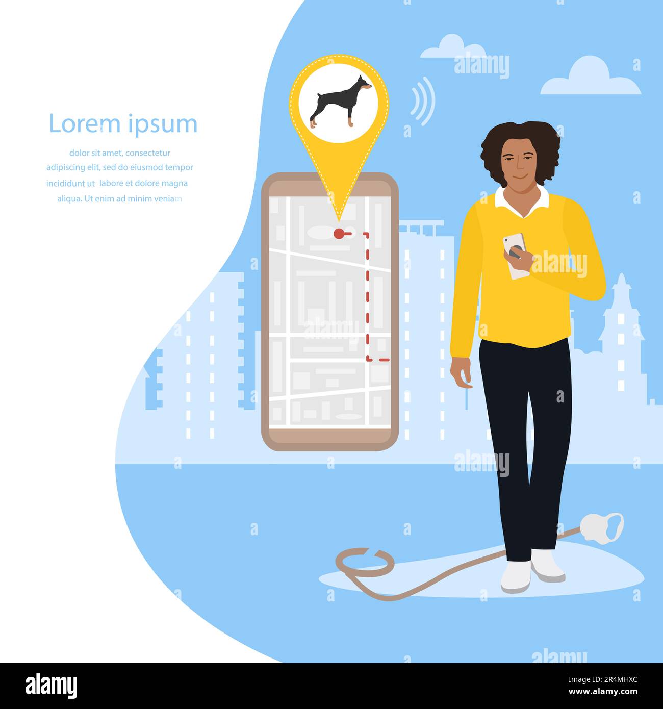 Vector illustration Man uses application on cell phone for search the ...