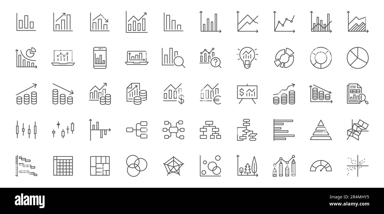Chart line icons set. Graph, finance report, income growth, economy ...