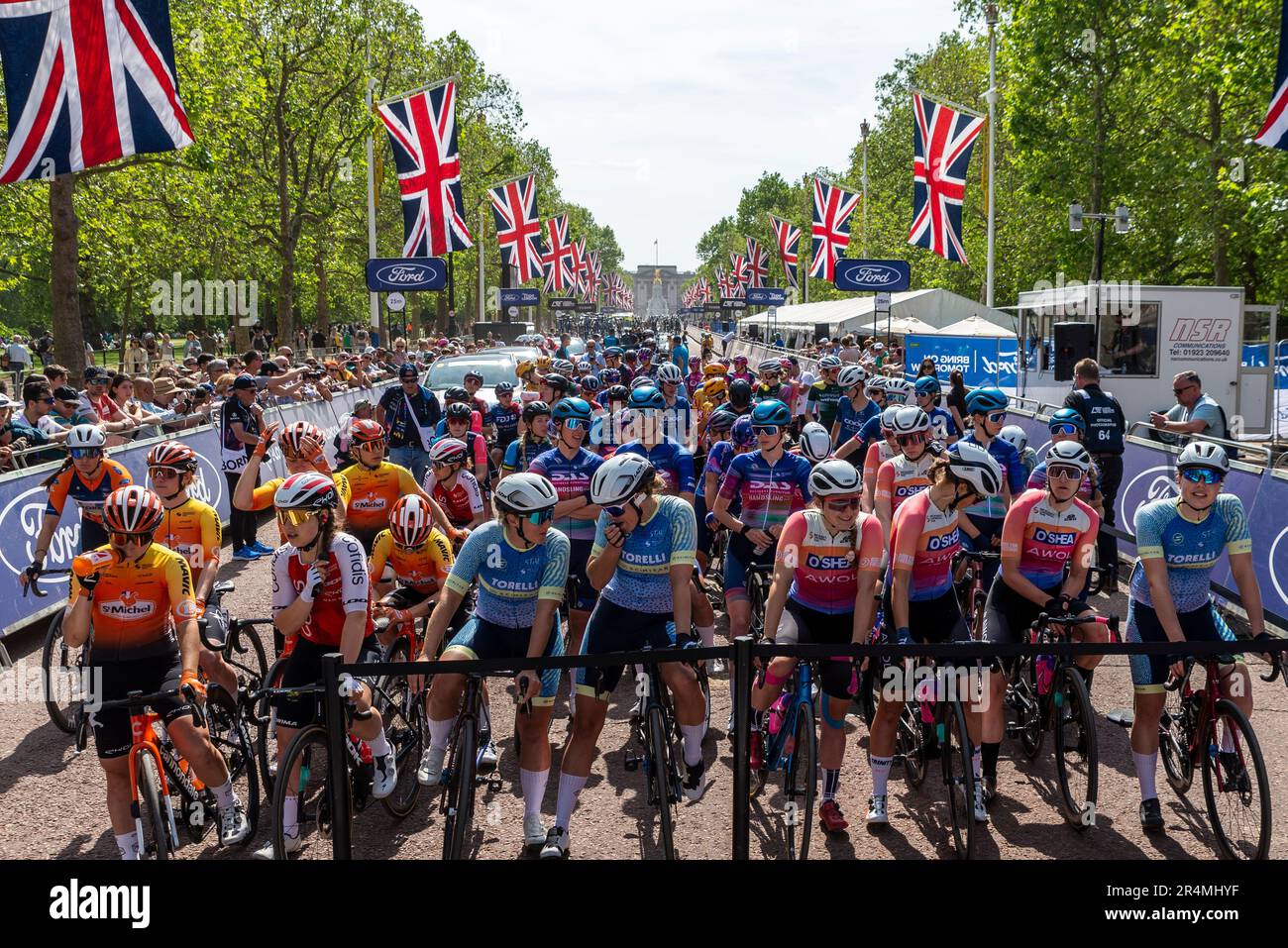 Riders at the start of the Classique UCI Women's WorldTour road race ...