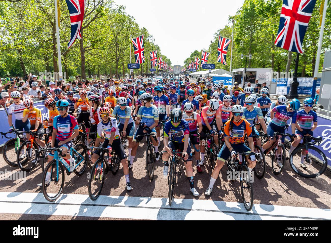 Riders at the start of the Classique UCI Women's WorldTour road race ...