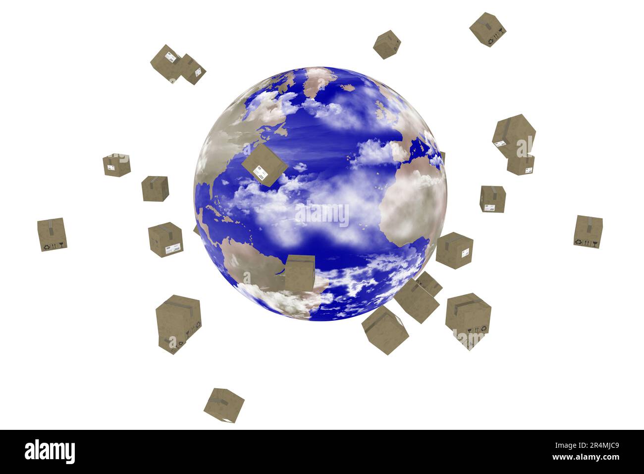 3D illustration. Shipping around the world. Parcels rotate around the ...