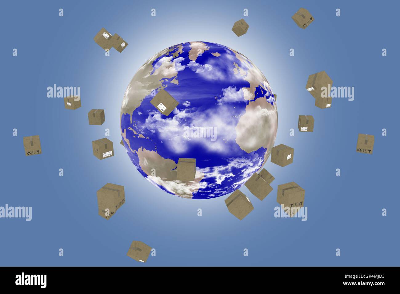 3D illustration. Shipping around the world. Parcels rotate around the ...