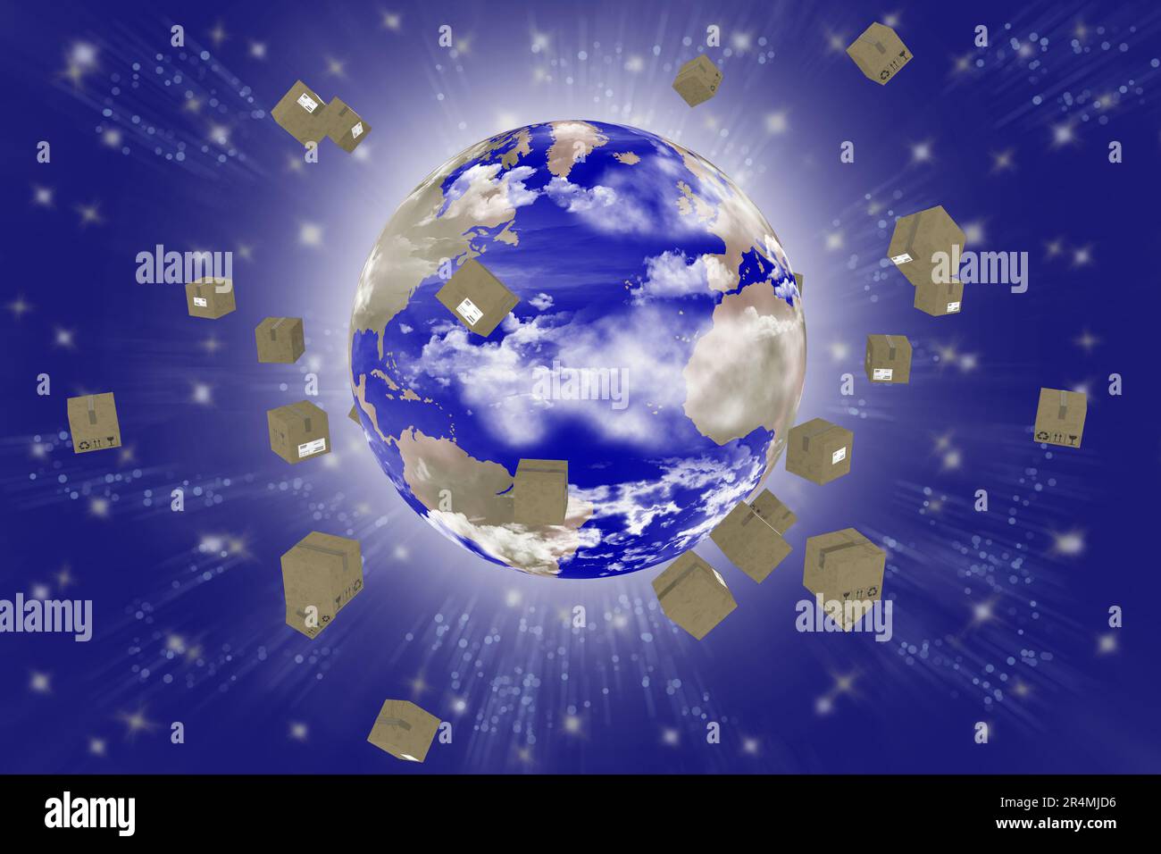 3D illustration. Shipping around the world. Parcels rotate around the ...