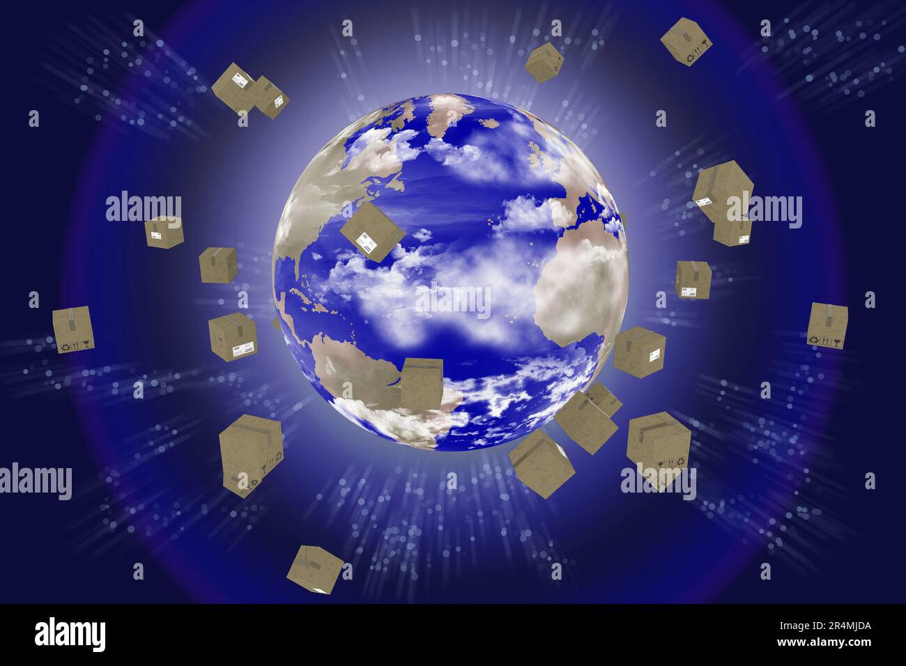 3D illustration. Shipping around the world. Parcels rotate around the ...