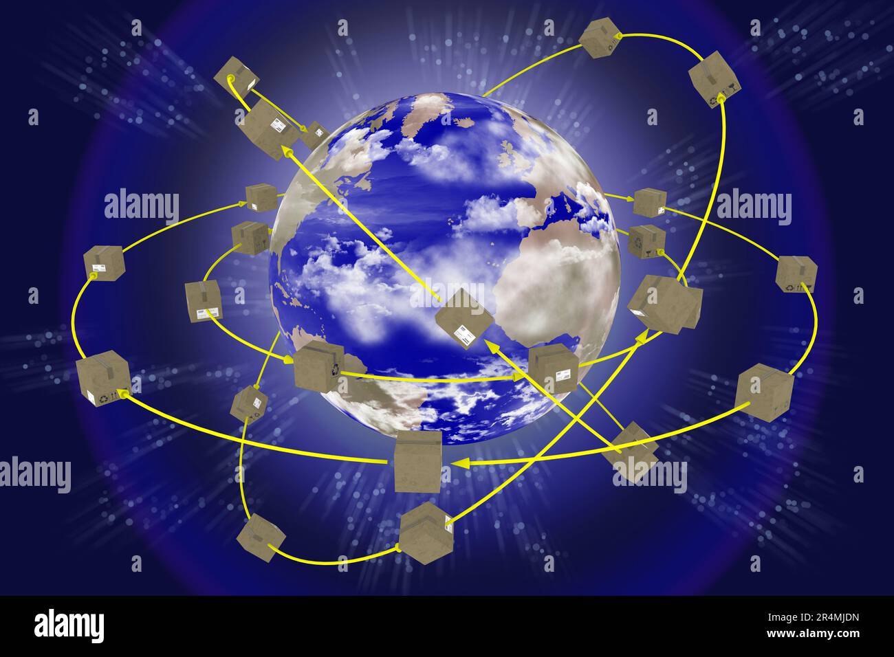 3D illustration. Shipping around the world. Parcels rotate around the ...