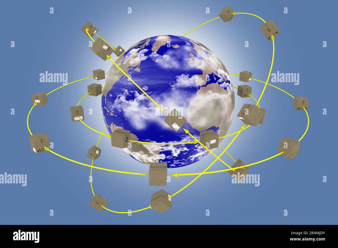 3D illustration. Shipping around the world. Parcels rotate around the ...