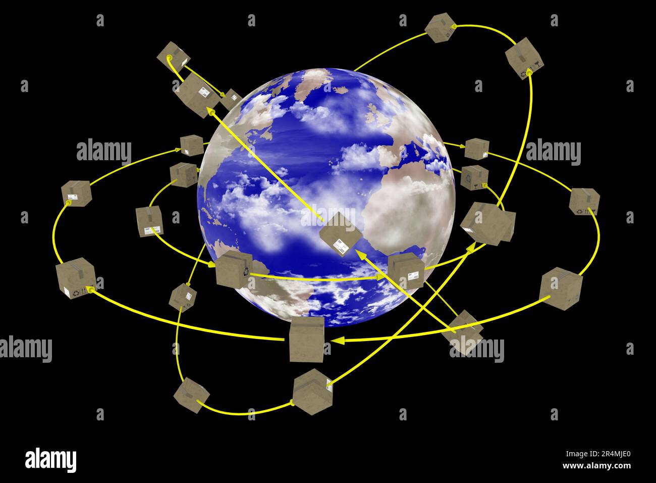 3D illustration. Shipping around the world. Parcels rotate around the ...