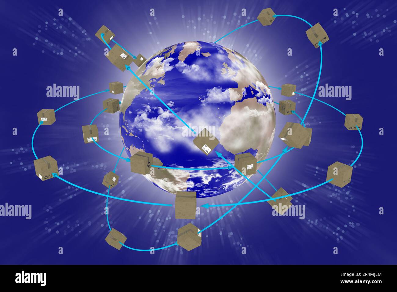 3D illustration. Shipping around the world. Parcels rotate around the ...