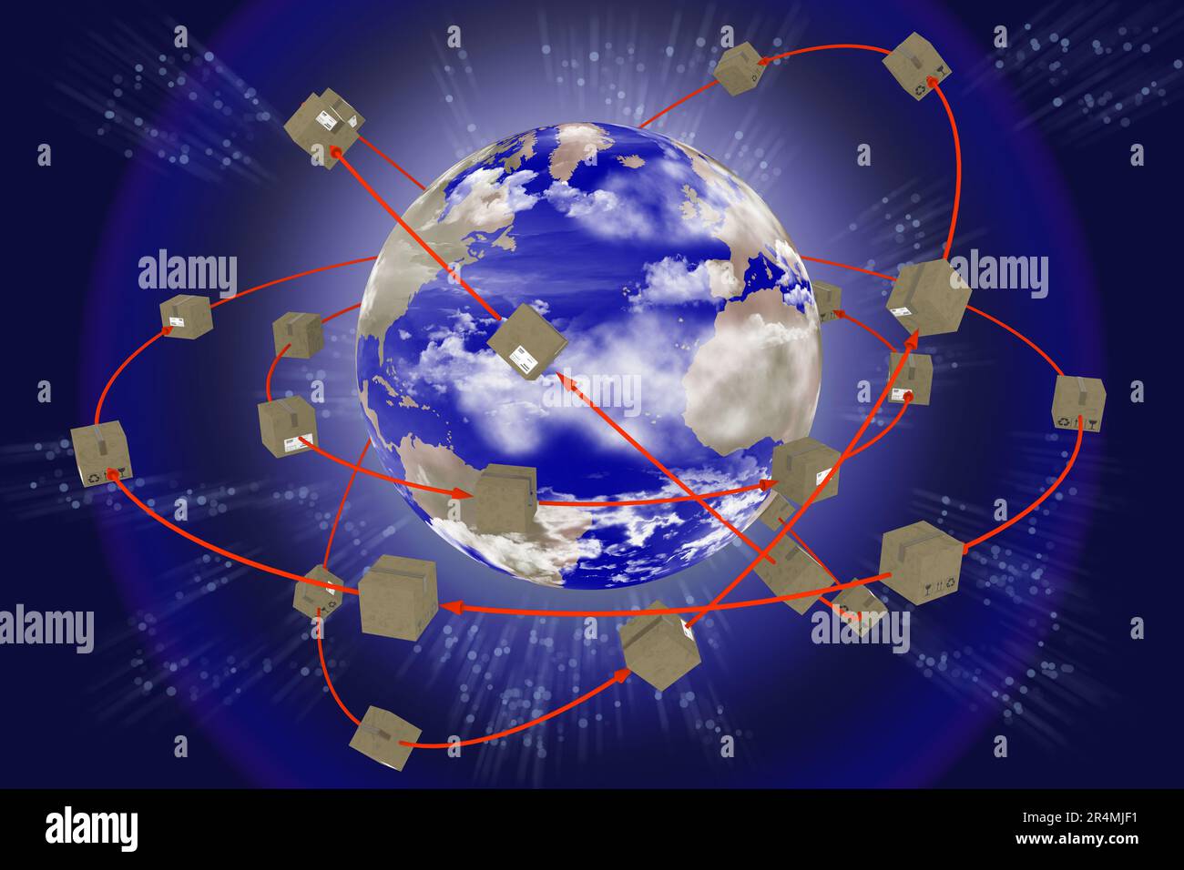 3D illustration. Shipping around the world. Parcels rotate around the ...