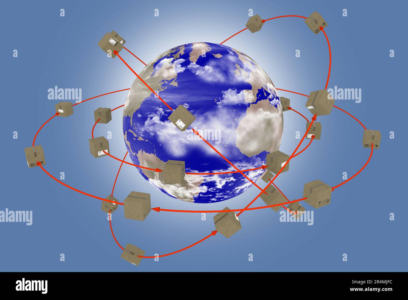 3D illustration. Shipping around the world. Parcels rotate around the ...