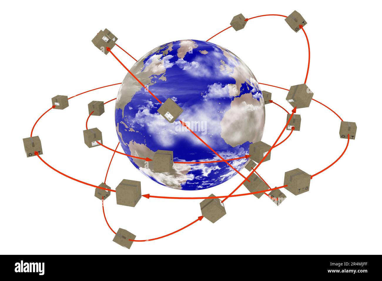 3D illustration. Shipping around the world. Parcels rotate around the ...