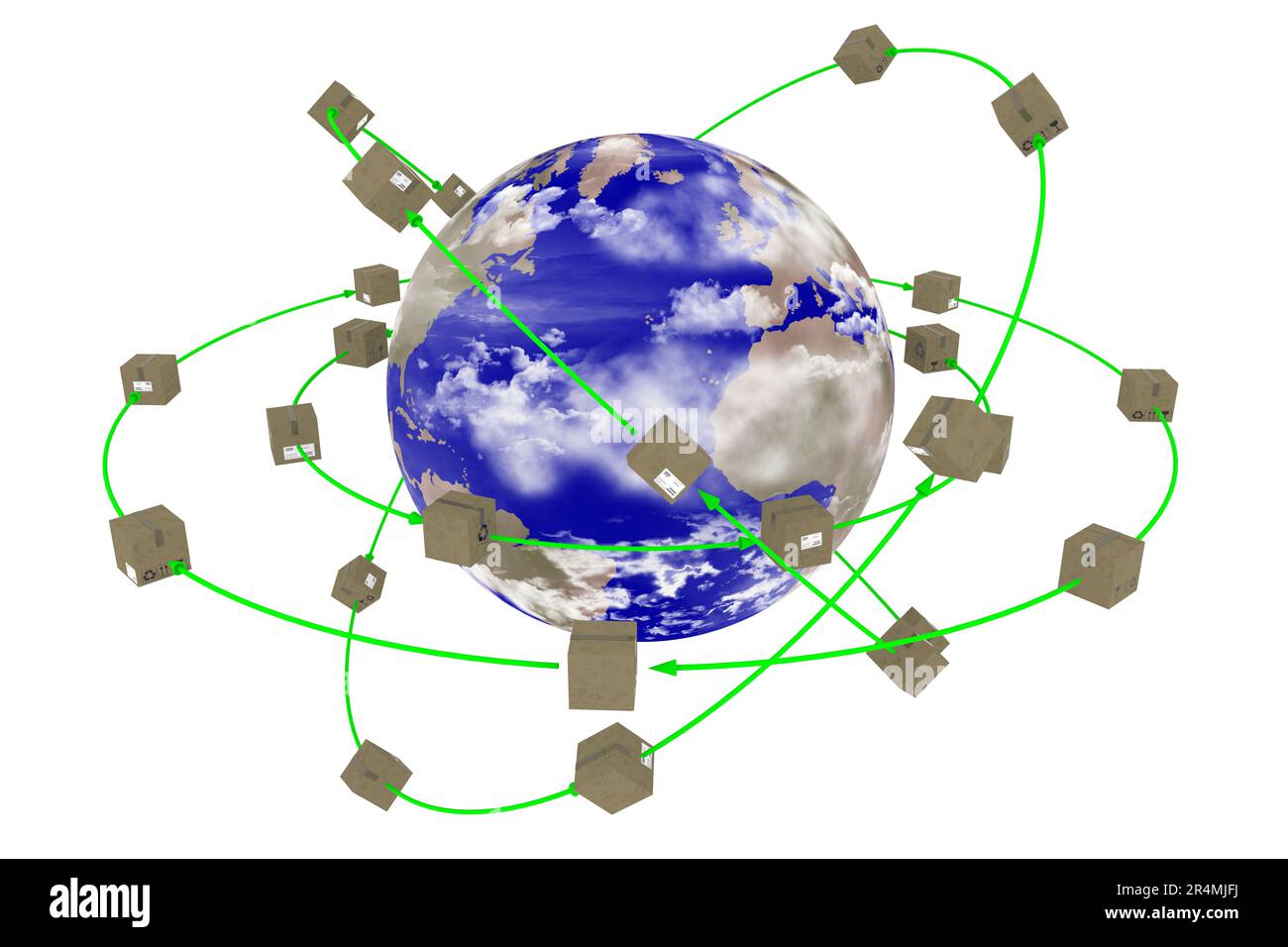 3D illustration. Shipping around the world. Parcels rotate around the ...