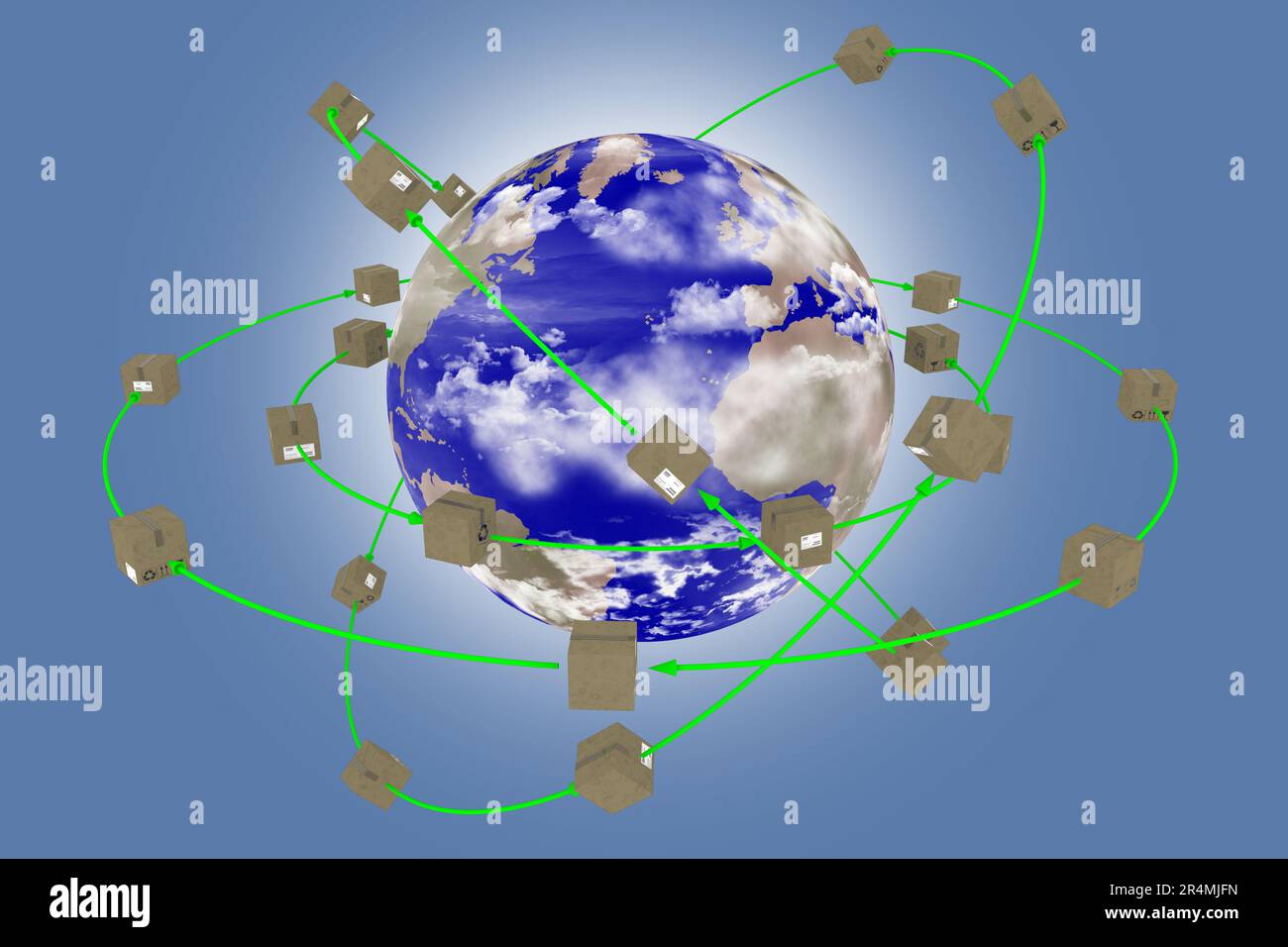 3D illustration. Shipping around the world. Parcels rotate around the ...