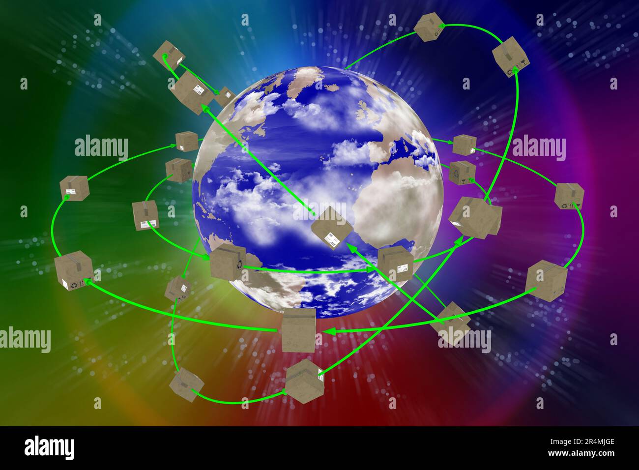 3D illustration. Shipping around the world. Parcels rotate around the ...