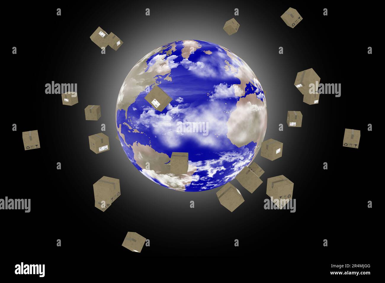 3D illustration. Shipping around the world. Parcels rotate around the ...