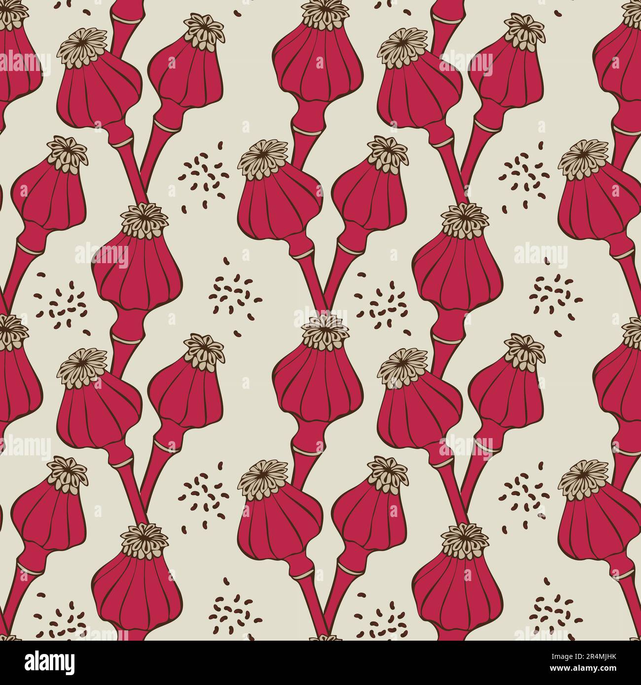 Pattern poppy seed pods Viva Magenta, stylized hand drawn doodle ...