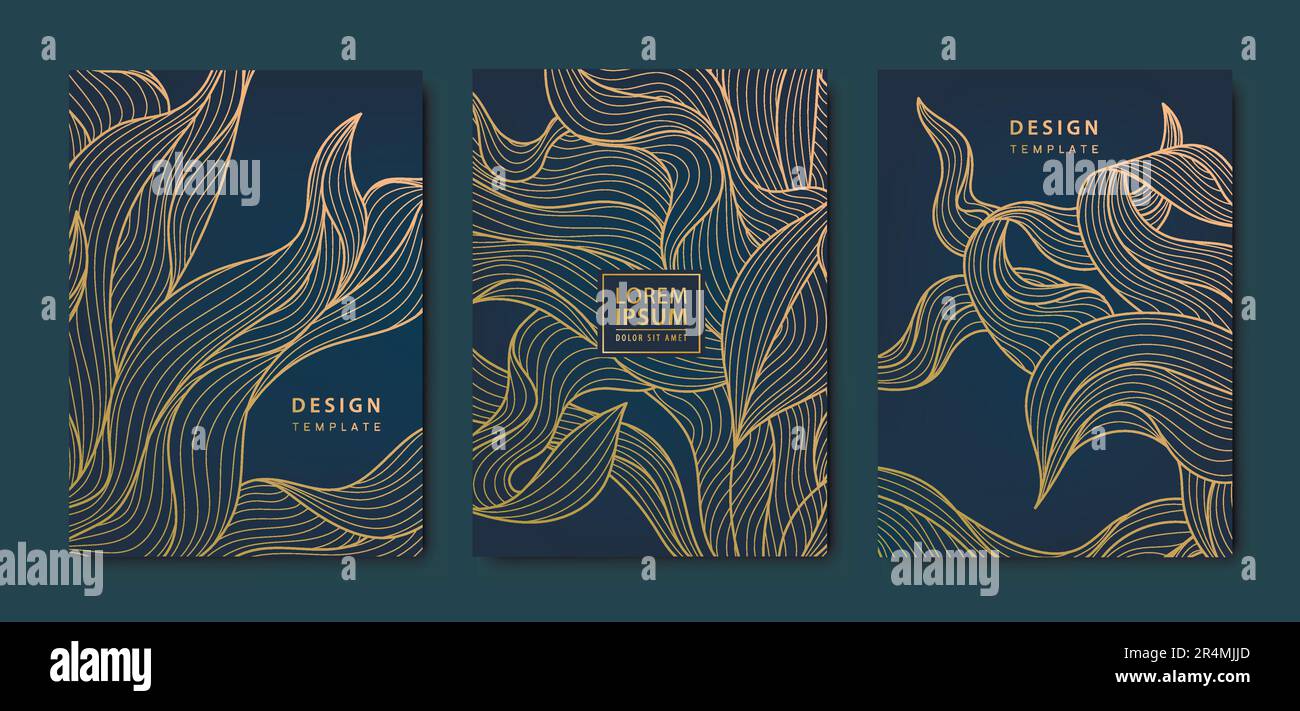 Vector japanese leaves art deco patterns. Floral golden seaweed, alga ...