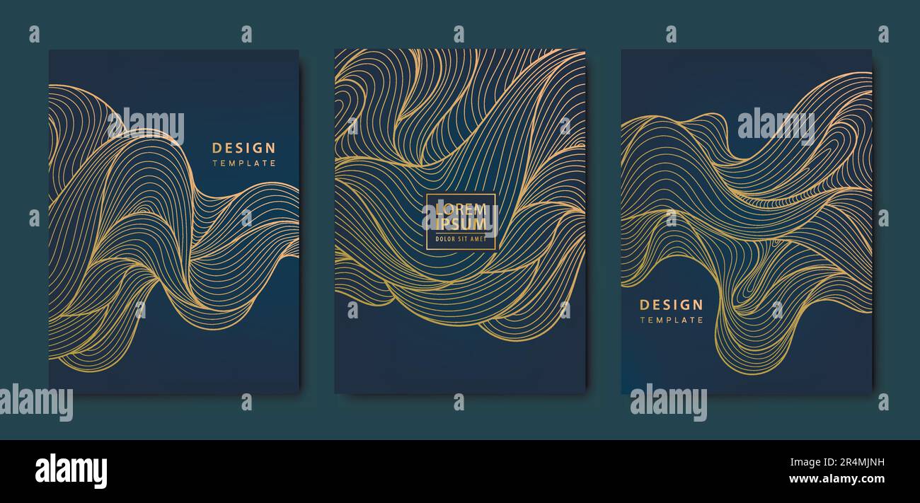 Vector japanese wavy art deco patterns. Flow golden elements template ...