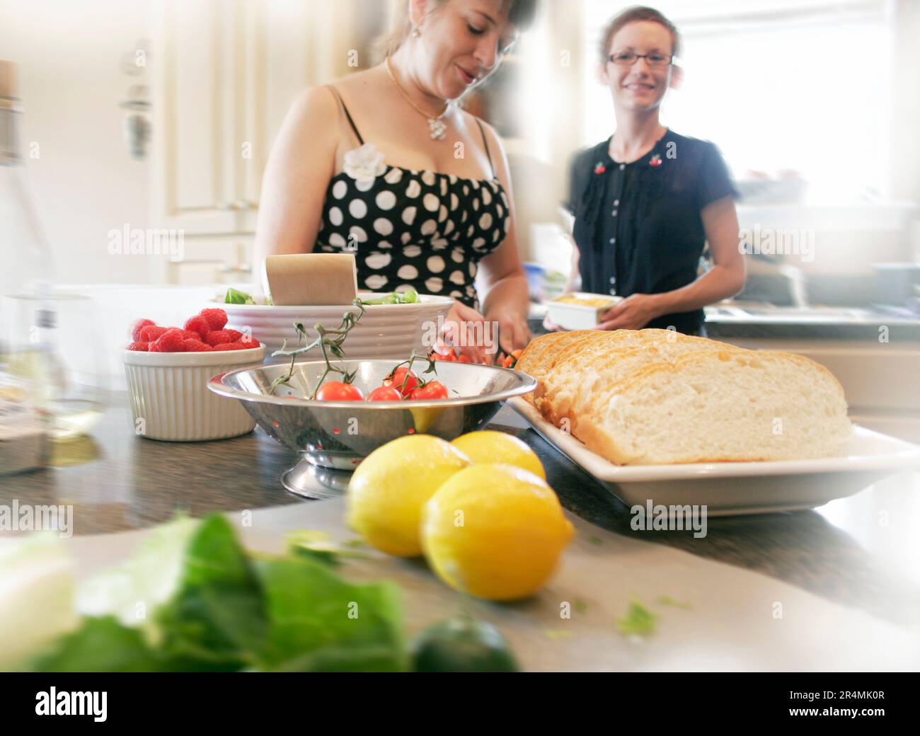 Two friends prepare food for a party in a kitchen, Nashville, Tennessee ...