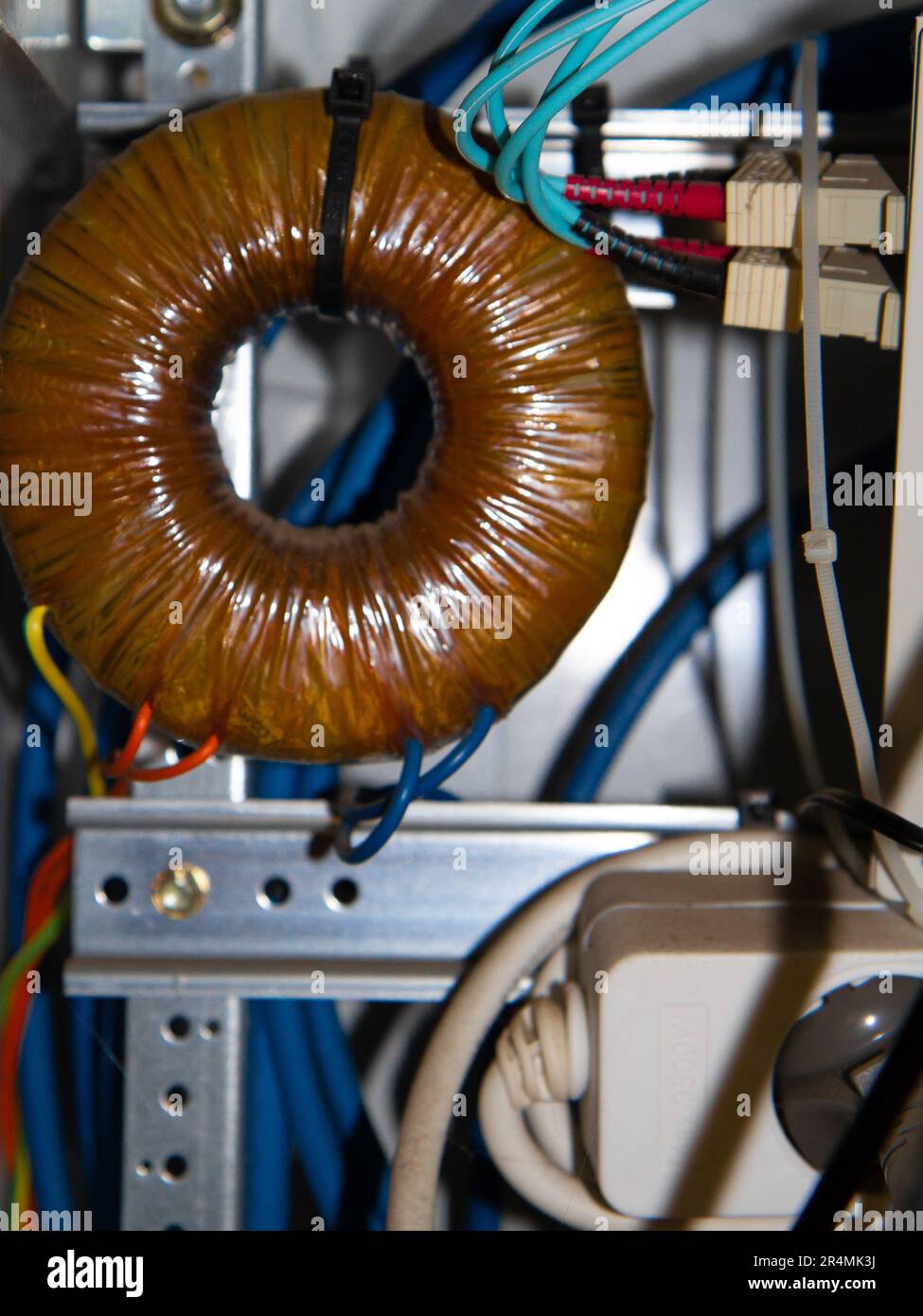 Power board for an electrical appliance. Multicolored electrical cables ...