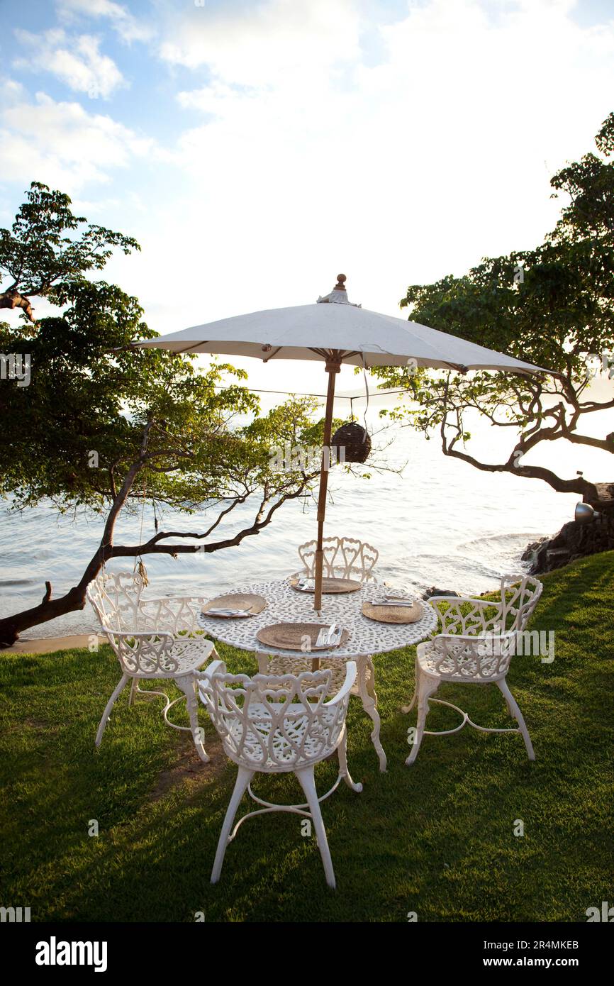 An outdoor table ready for breakfast Stock Photo - Alamy