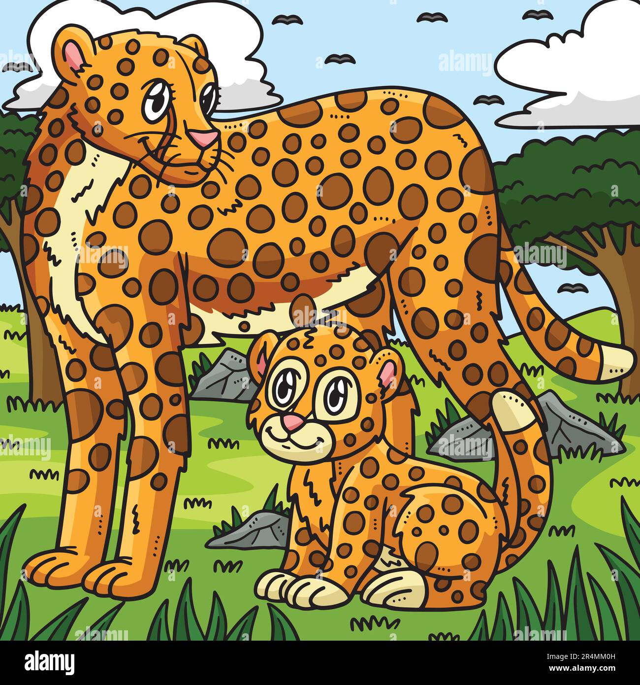 Mother Cheetah and Baby Cheetah Colored Cartoon Stock Vector Image ...