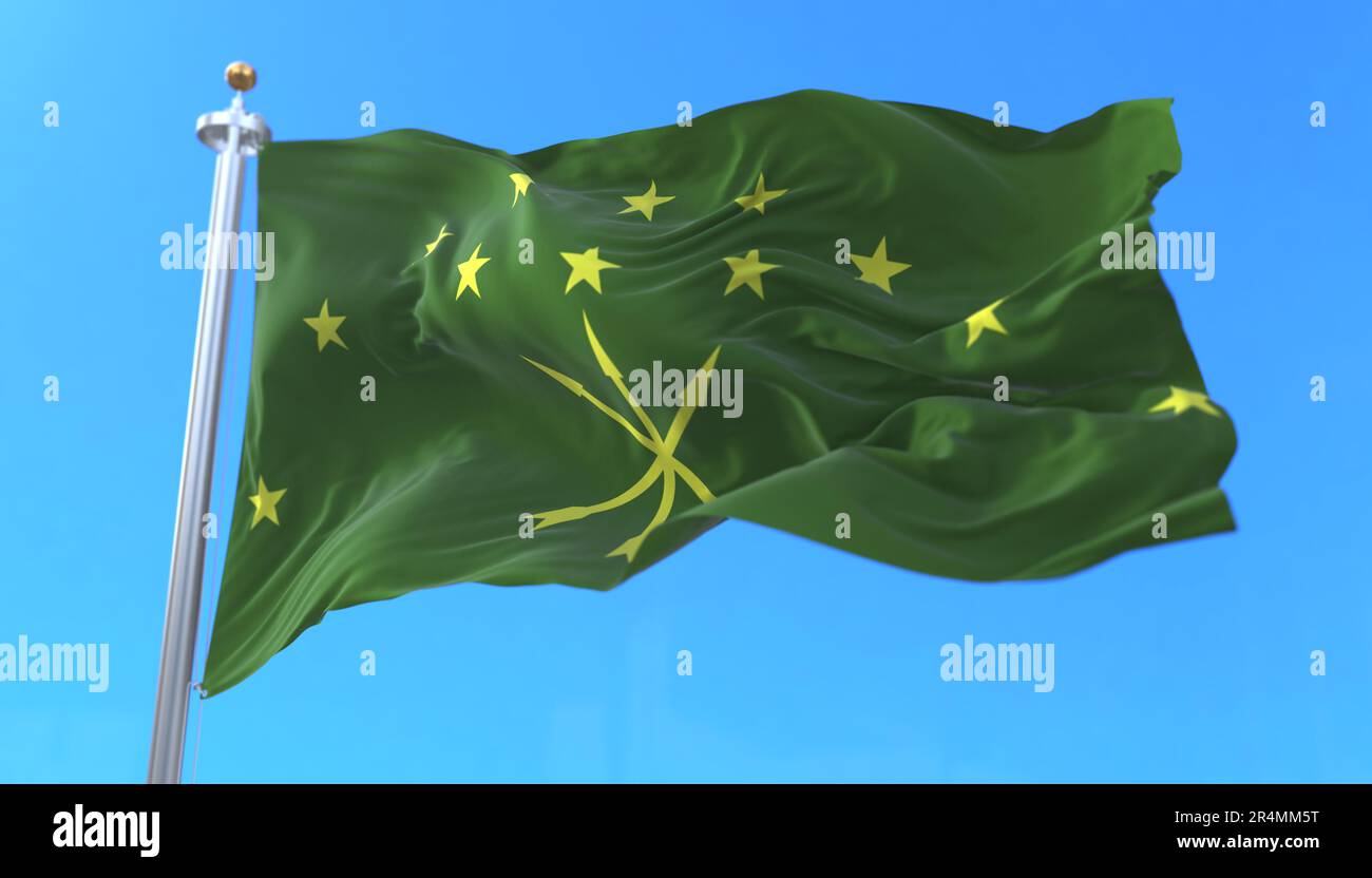 Flag of Adygea Republic waving at wind in slow in blue sky. 3d render ...