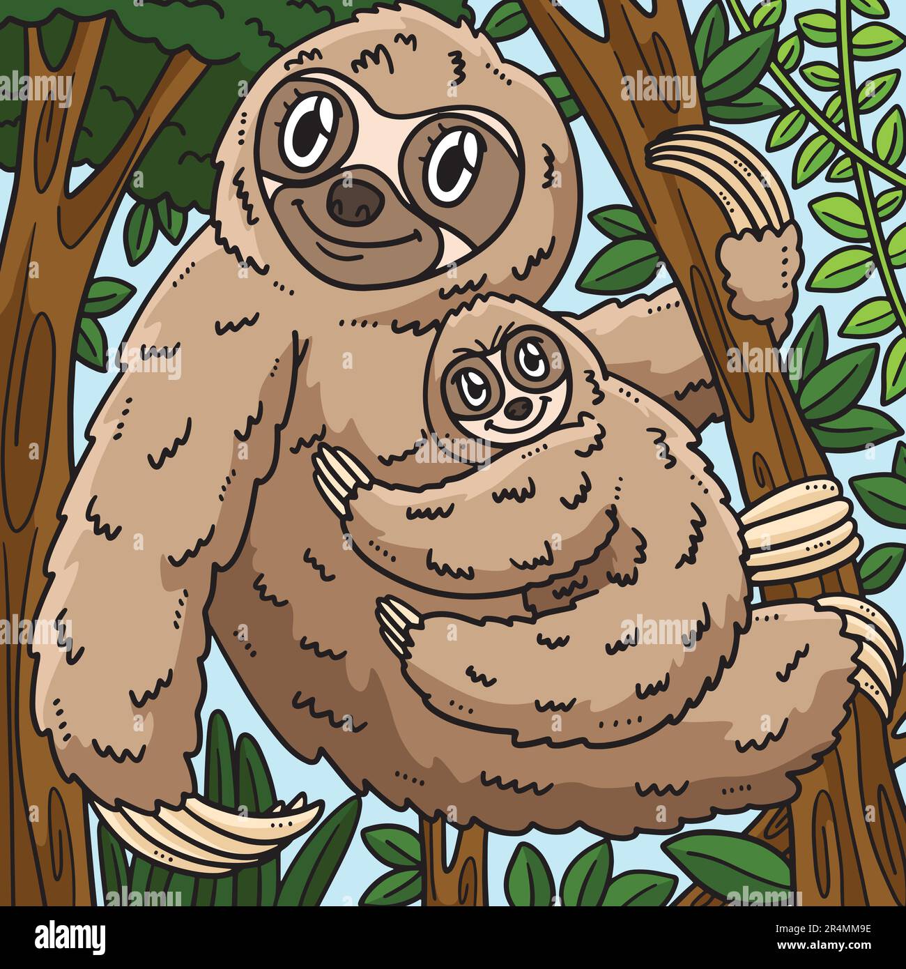 Mother Sloth and Baby Sloth Colored Cartoon Stock Vector Image & Art ...