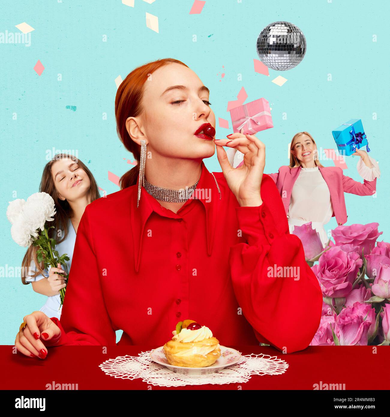 Birthday beautiful girl eating cherry from her pie. Friends meeting ...