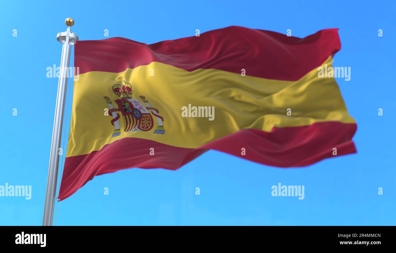 Spain flag waving at wind with blue sky. 3d render Stock Photo - Alamy