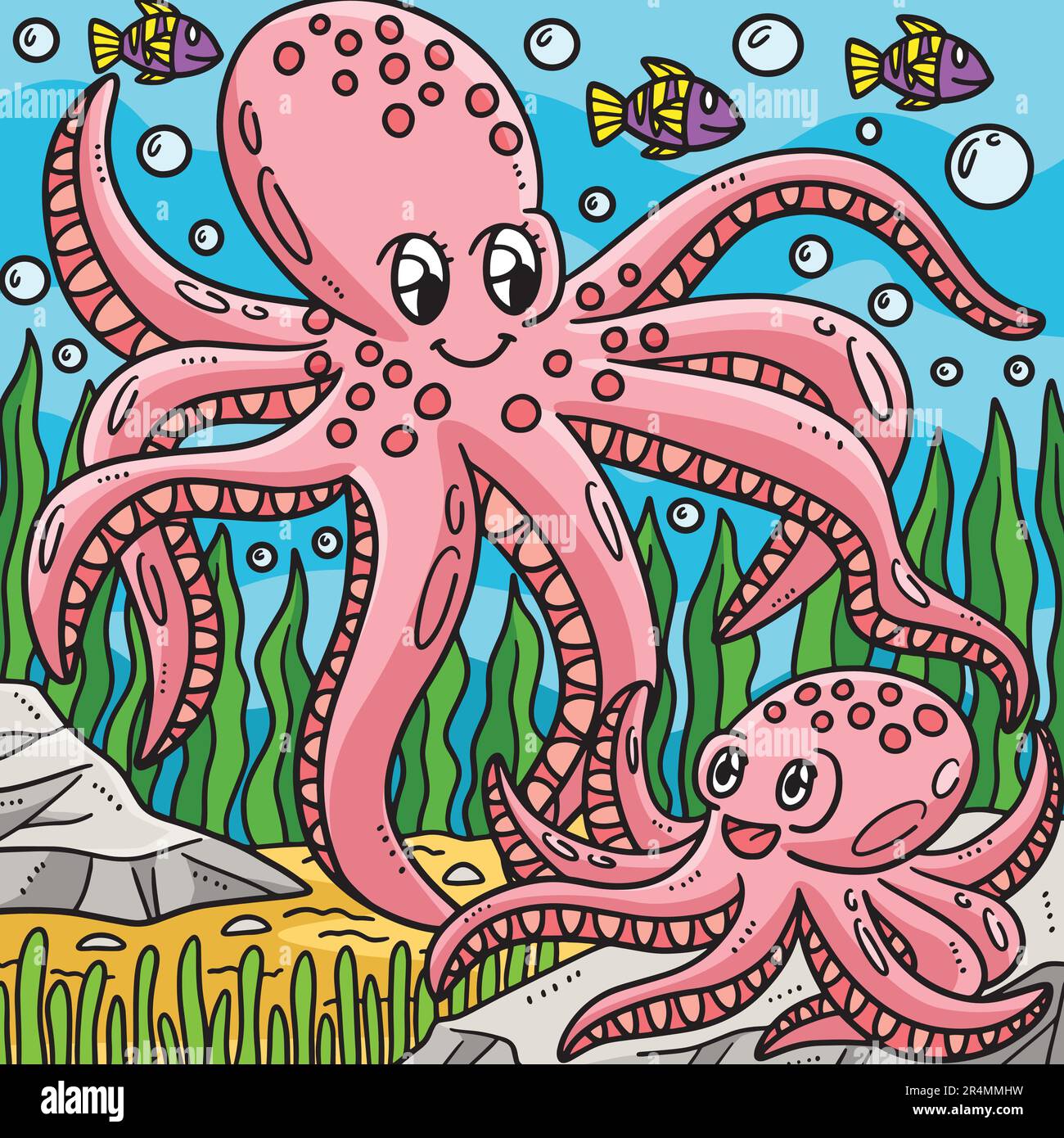 Mother Octopus and Baby Octopus Colored Cartoon Stock Vector Image ...