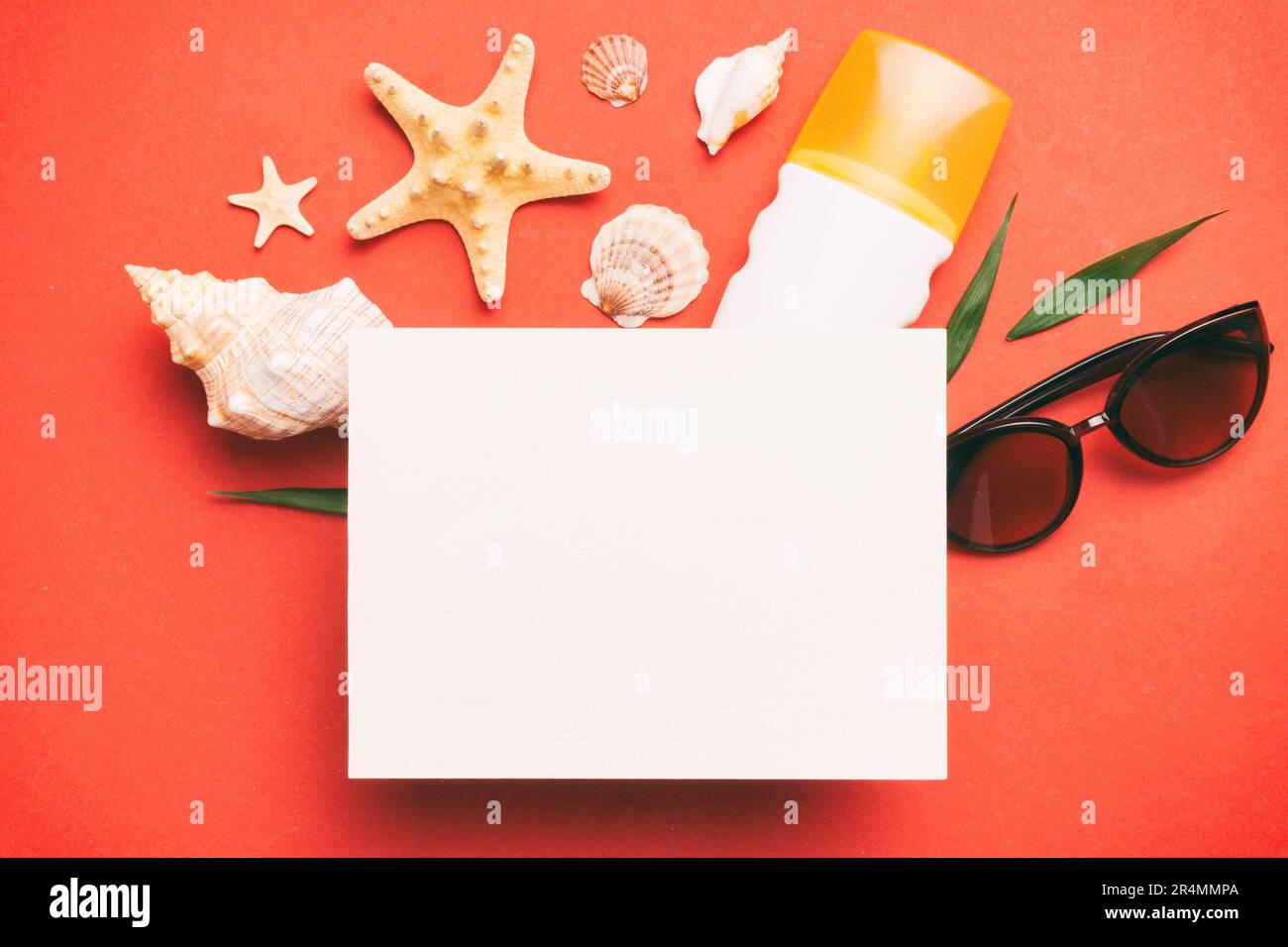 Summer time concept with blank greeting card and blank white paper on ...