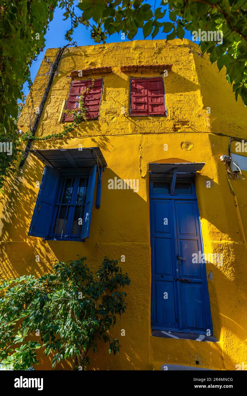 View of colourful building and shuttered windows, Old Rhodes Town ...