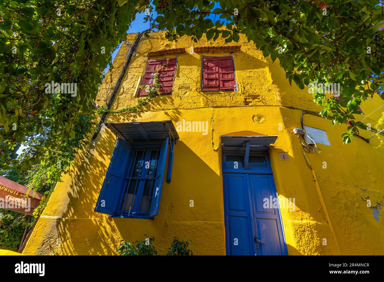 View of colourful building and shuttered windows, Old Rhodes Town ...
