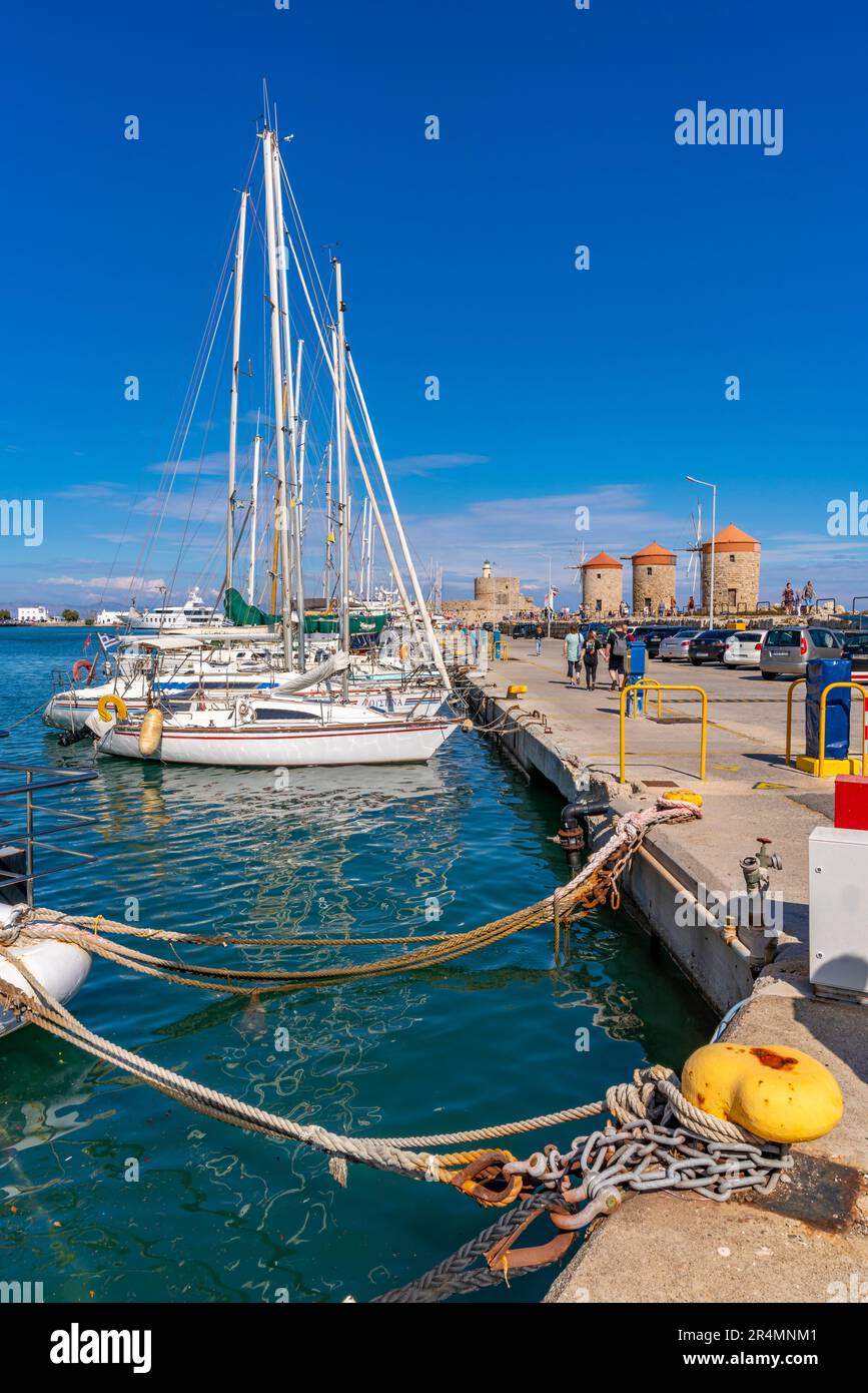 View of Mandraki Marina & Port and Rhodes Windmills, Old Rhodes Town ...