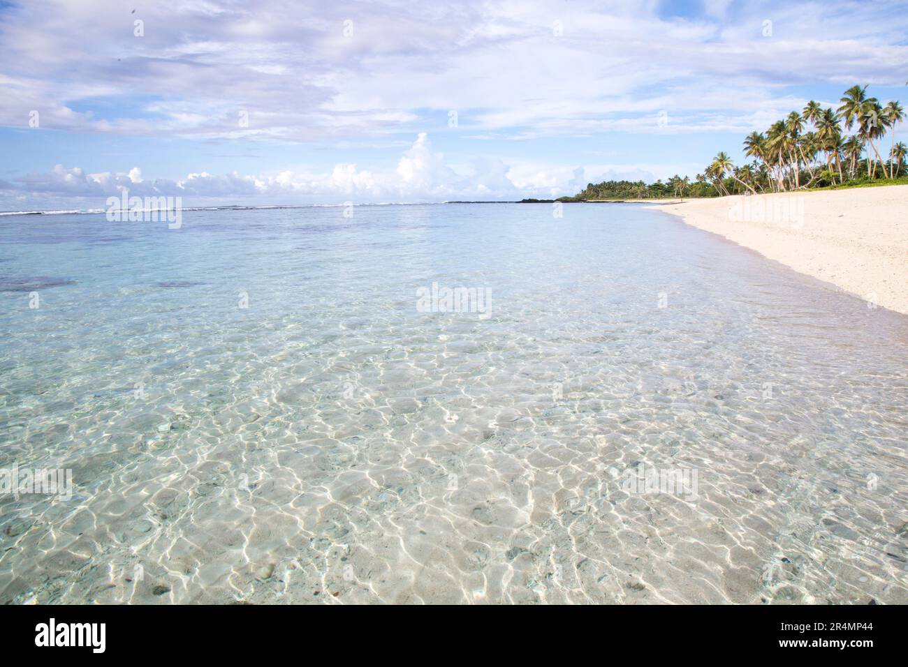 Clear waters and sandy beach with palm trees, during sunny day, Samoa ...