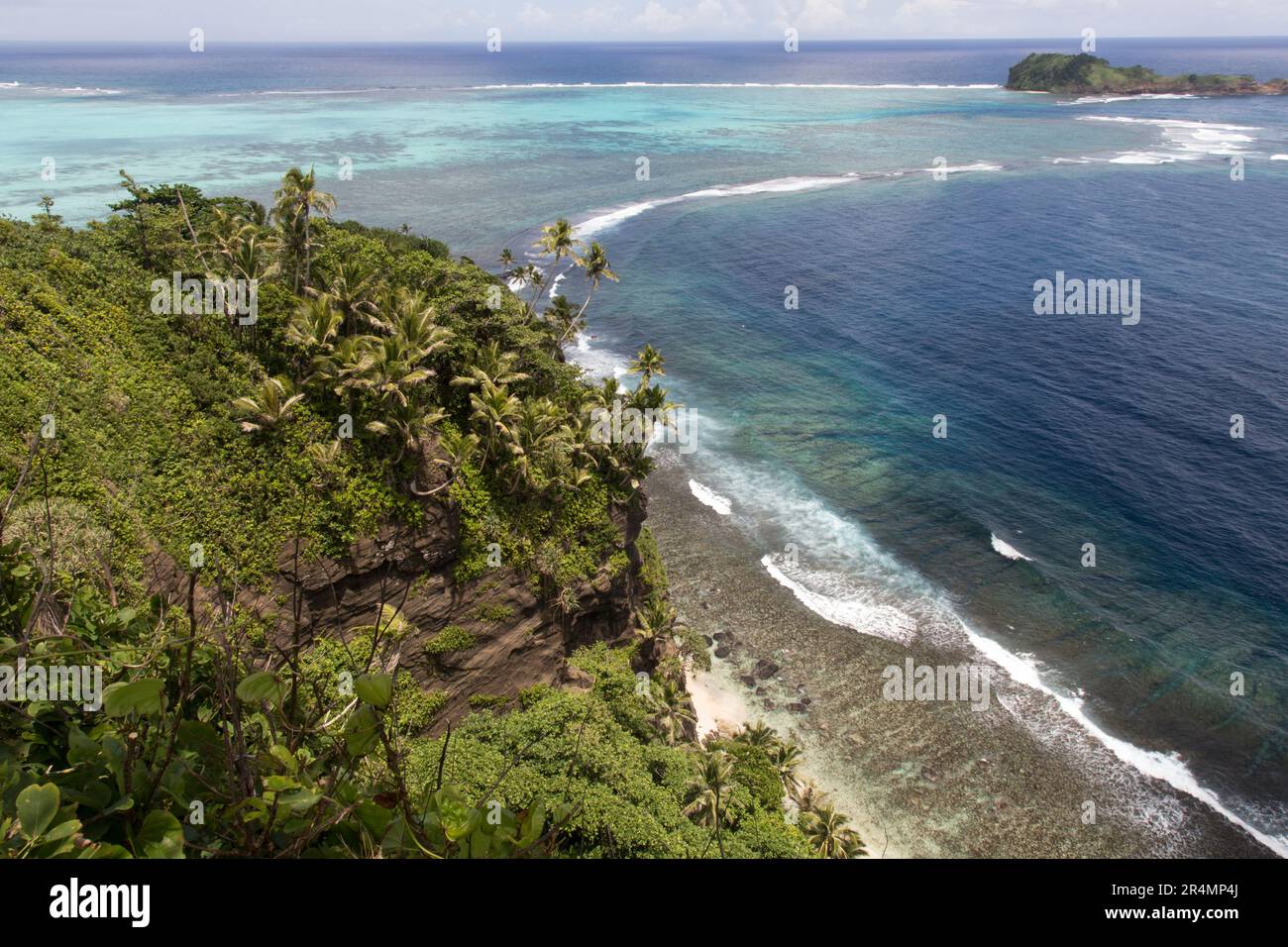 Aerial view of a reef lagoon and fringing reef, South Pacific, Samoa ...