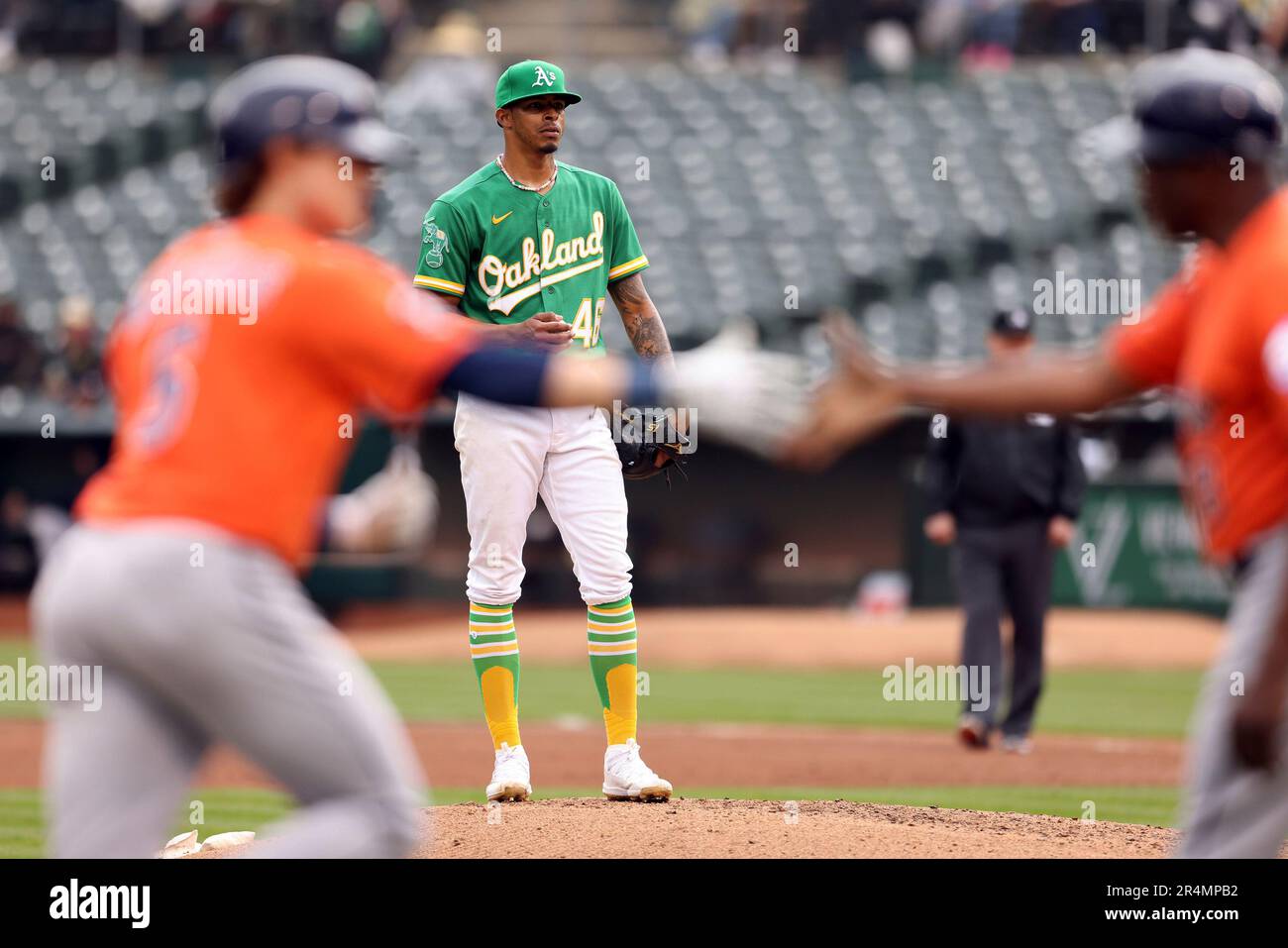 Oakland Athletics pitcher Luis Medina looks towards dugout as Houston ...