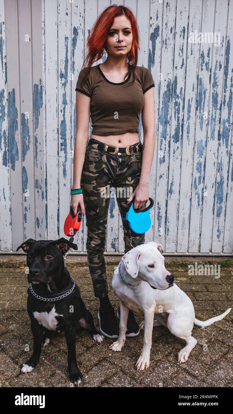 Woman with her two big dogs - hunting and defensive dogs Stock Photo ...