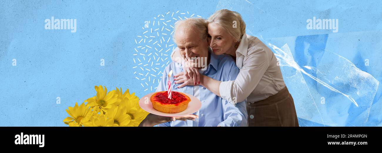 Loving senior woman greeting her husband with birthday, giving cake ...
