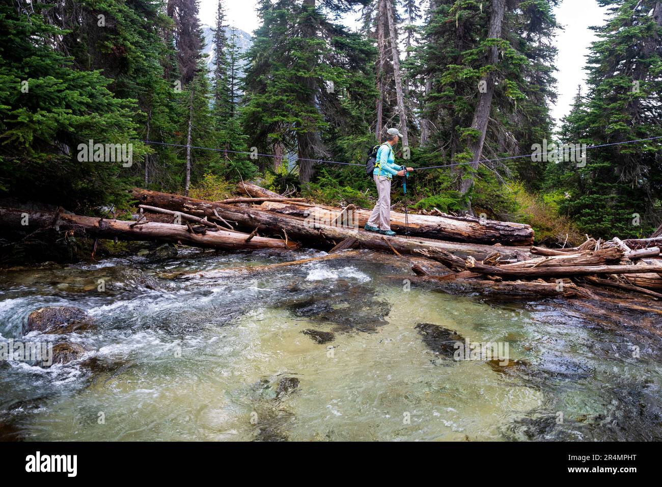 Mid length view of women hiking across a river in British Columbia ...