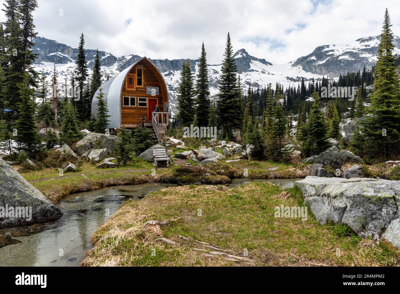 Mid view of women hanging out at mountain cabin in British Columbia ...