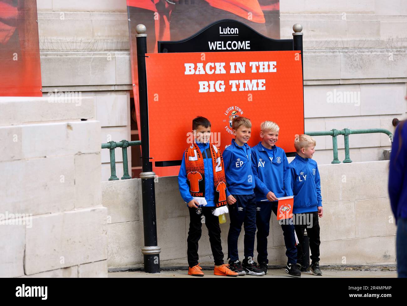 Luton Town fans pose for a photo in front of Luton Town hall ahead of ...