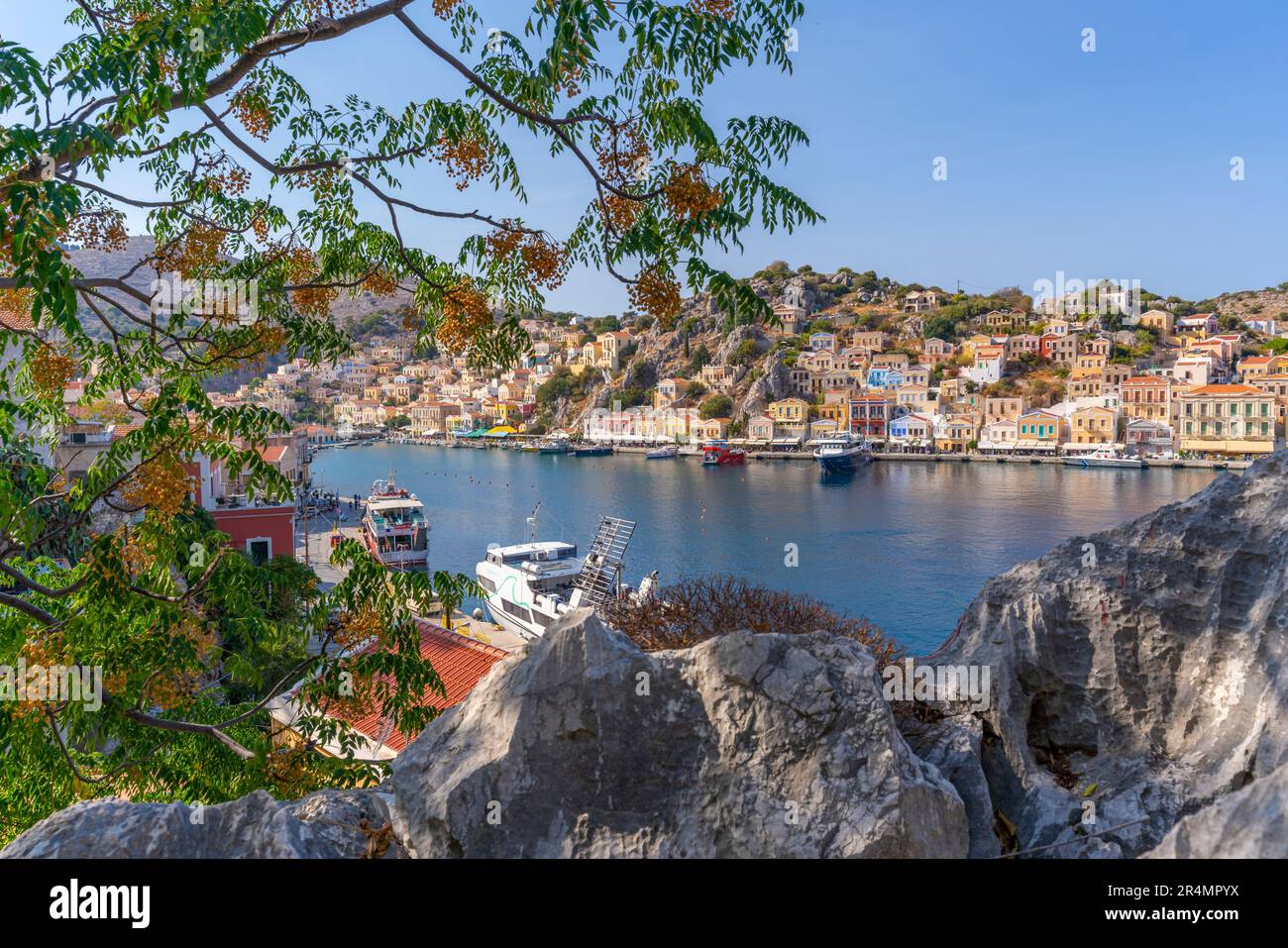 View of harbour from elevated position in Symi Town, Symi Island ...