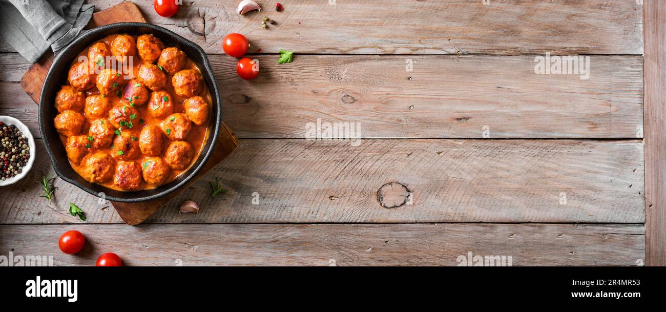 Homemade Meatballs in Tomato Sauce, top view, copy space. Beef fried ...