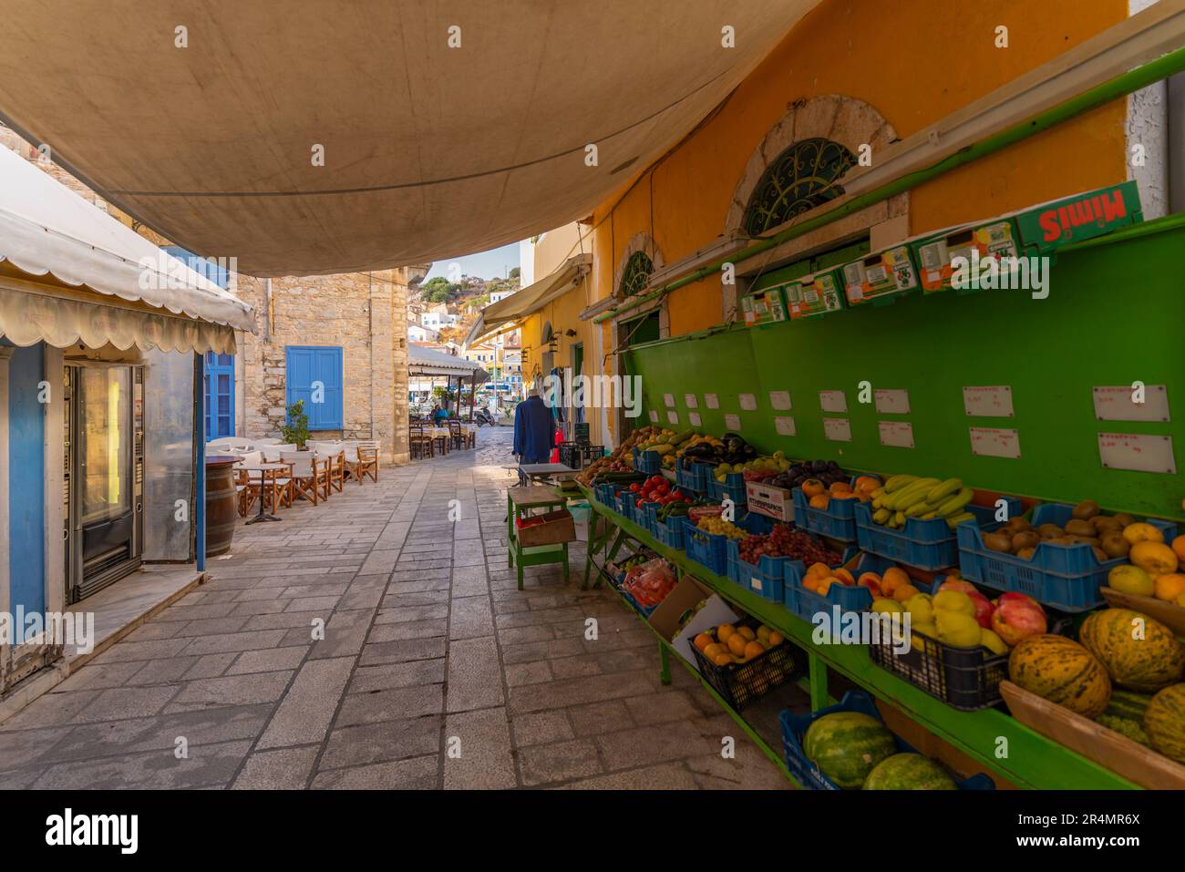View of fruit stall in Symi Town, Symi Island, Dodecanese, Greek ...